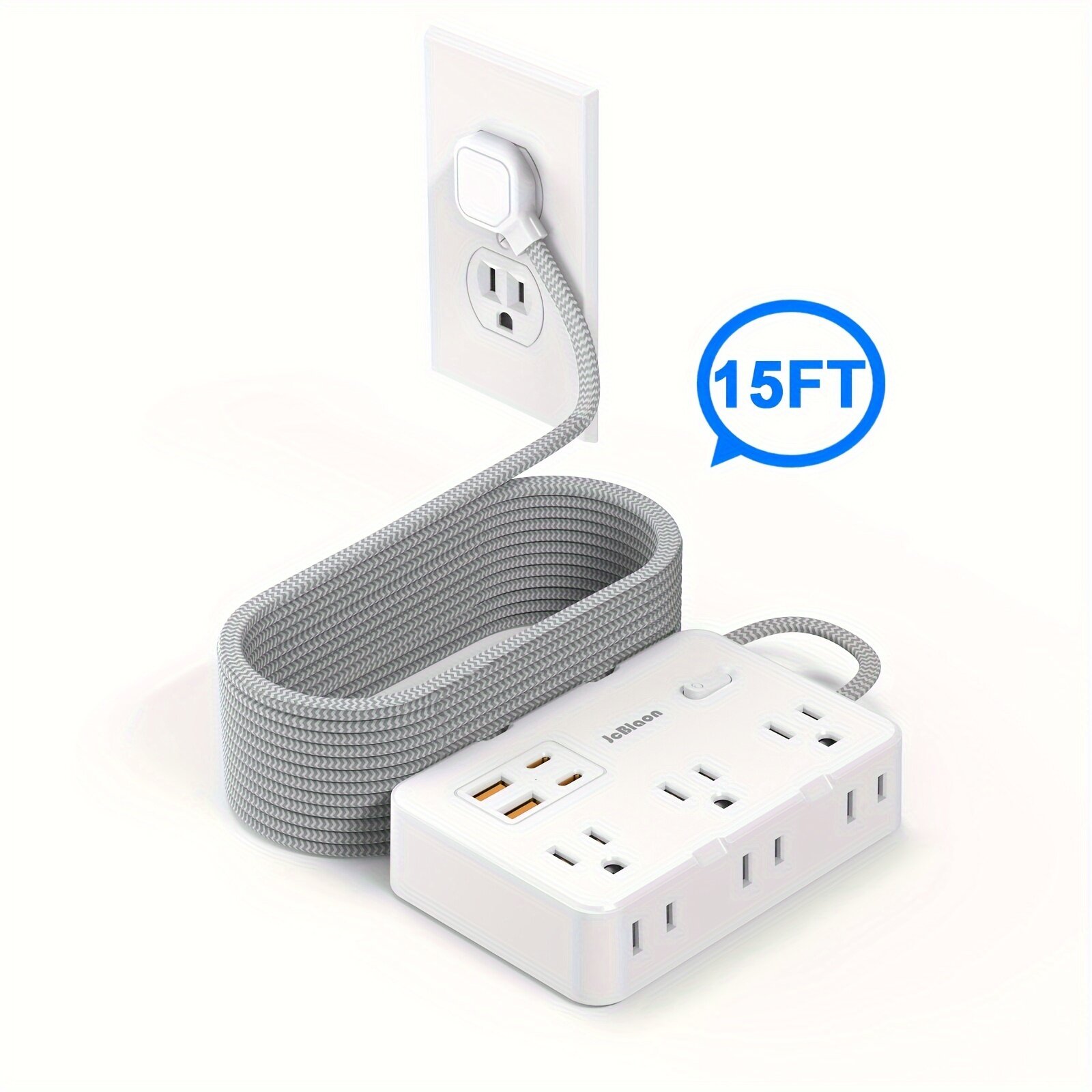 Сетевой фильтр-удлинитель с защитой от перенапряжения, 8 розеток и 4 USB-порта (2 USB-C), плоский плетеный кабель 15 футов, цвет белый, с плоской вилкой и настенным креплением для офиса, школы и общежития
