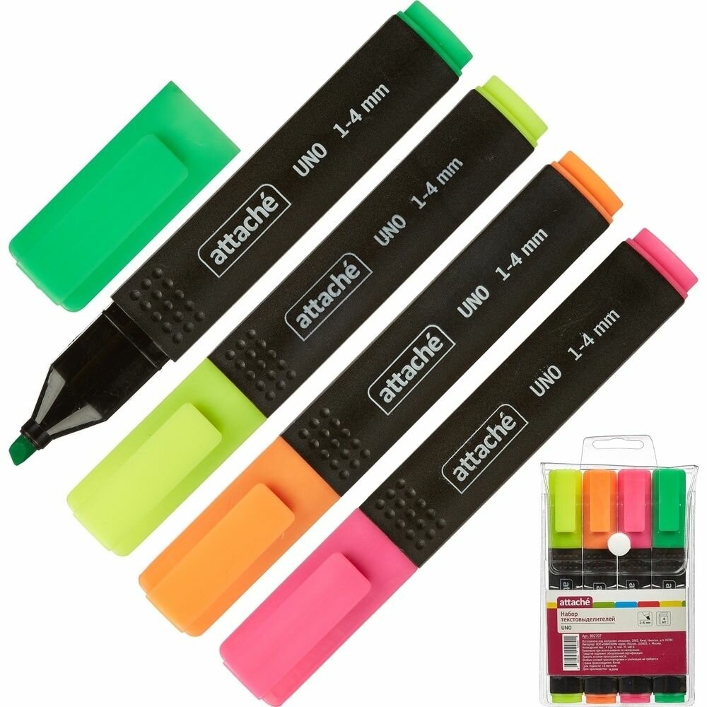 Маркер выделитель текста Attache Nomy Uno, 1-4 мм, набор 4 цвета