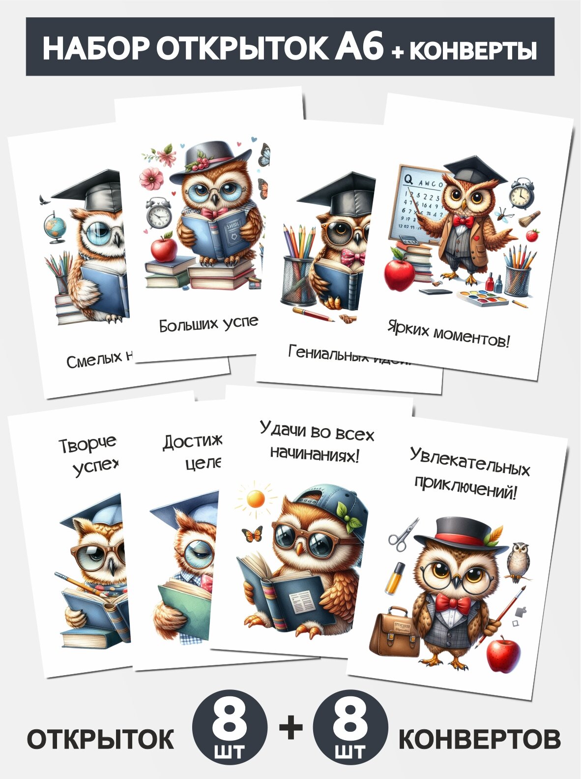 Набор школьных почтовых открыток А6 - 8 шт и крафт-конверт С6 - 8 шт, для подарков выпускнику, ученикам на 1 сентября и День Рождения, Школьная сова #003 - №1, postcard_8_school_owls_#003_А6_set_1