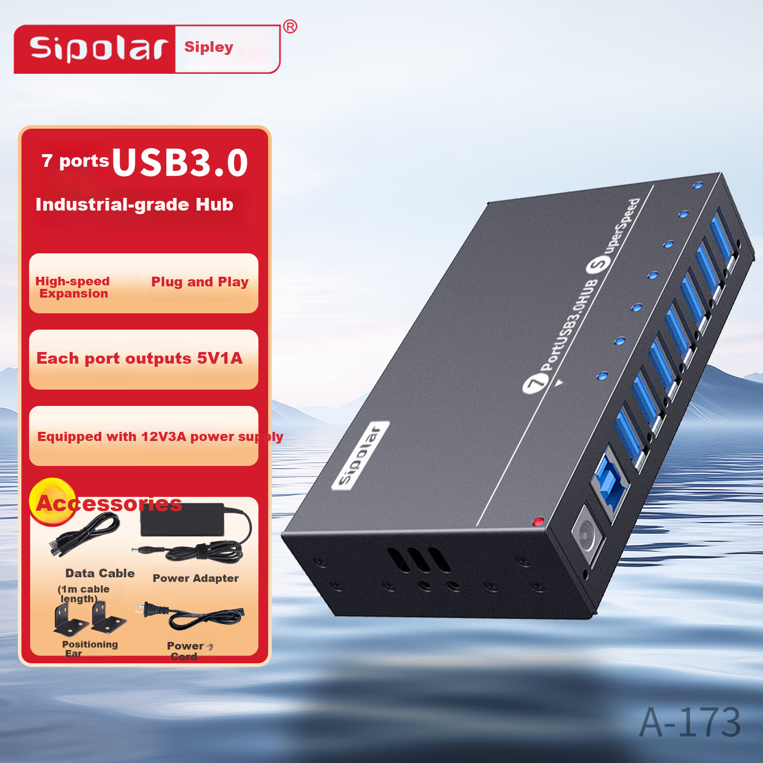 SIPOLAR USB3.0 Hub Expander Dock High Speed 10-Port HUB Industrial Grade A-173 (1m) Splitter Expansion Dock Computer Converter One Drag Multiple Single Port 1A with Power Supply