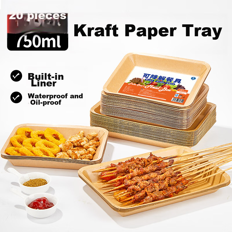 SHUANG YU Biodegradable Disposable Plates 750ml*20 Pieces, Kraft Paper Plates, Barbecue Trays, Dining Plates, Snack And Fruit Plates