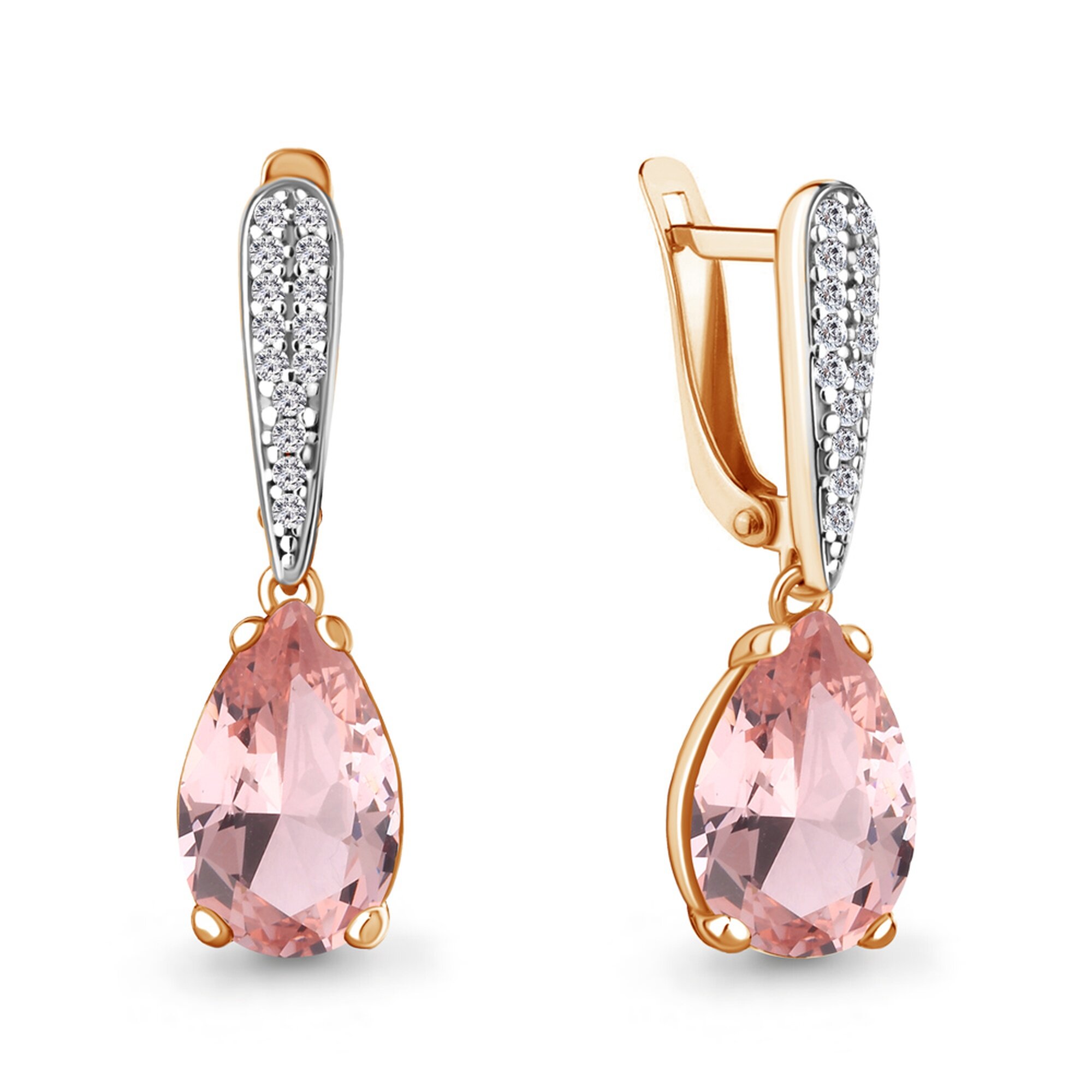 Серьги, серебро, 925 проба, золочение, фианит, морганит