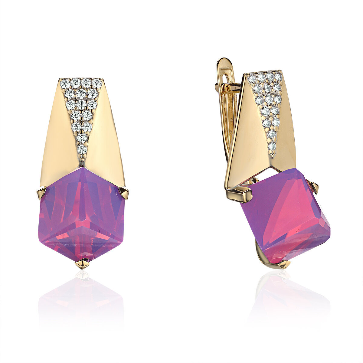 Серьги, желтое золото, 585 проба, фианит, опал