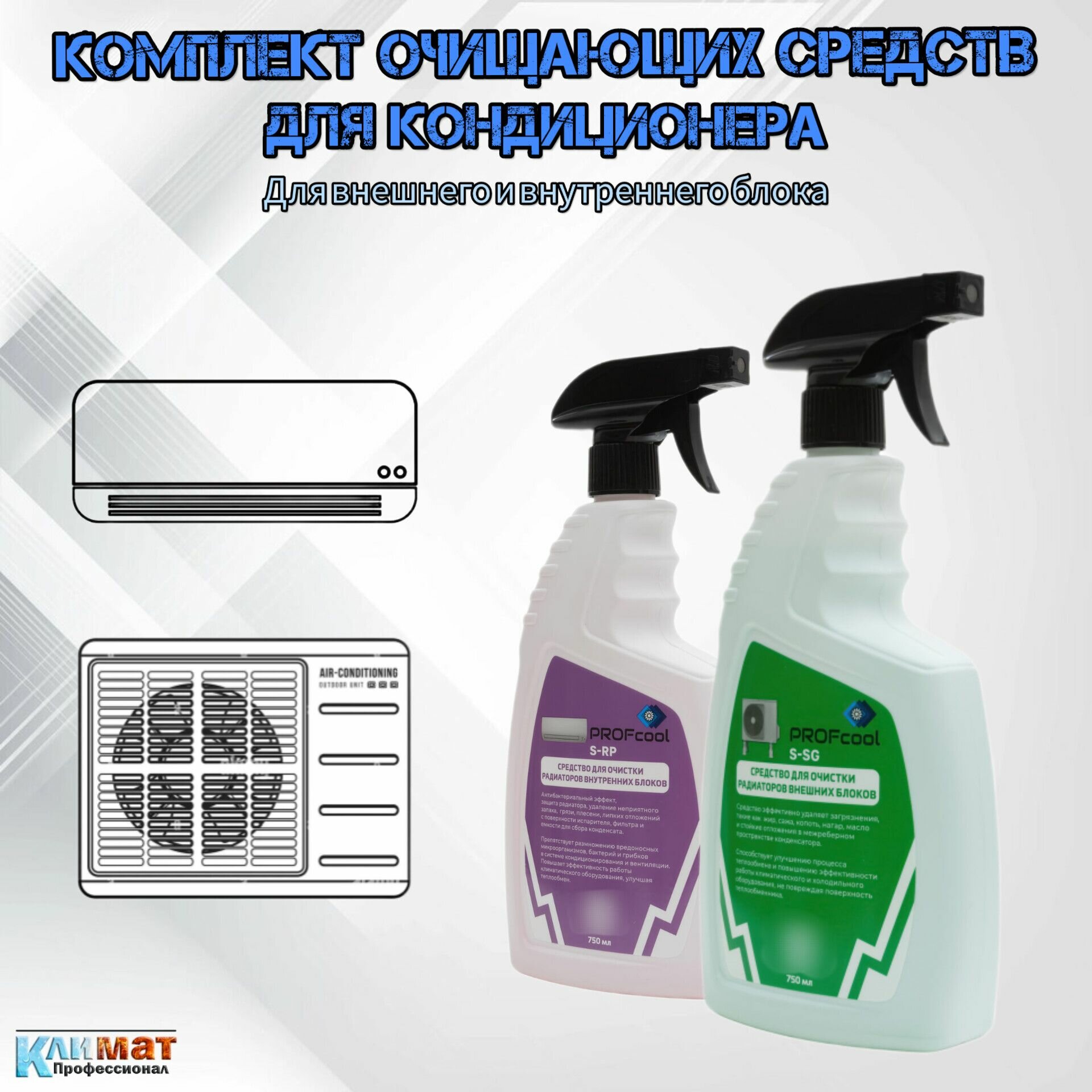 Набор PROFcool для очистки кондиционера, средства S-SG и S-RP (для внешнего и внутреннего блока)