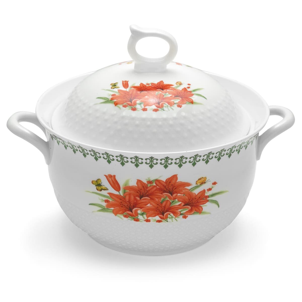 Супница "Лилии", фарфор, белая, 1300 мл, с декоративными элементами