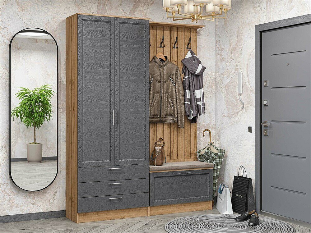 VVT Прихожая Стиль-03, каркас ЛДСП Дуб Вотан, фасад МДФ Graphite Softwood, 2110*1600*380 Graphite Softwood