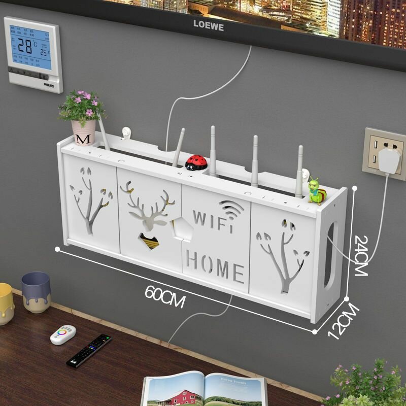 Настенная полка короб для wi-fi роутера, ящик на стену для wifi роутера и проводов, белая полка в прихожую для хранения