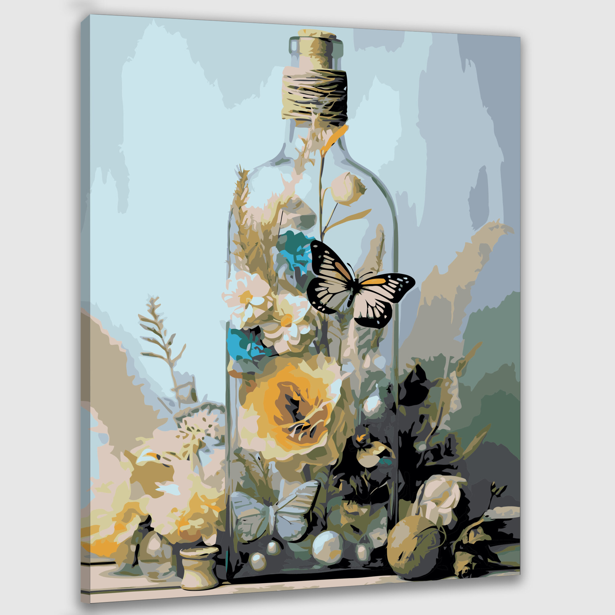 Картина по номерам 40x50 см, картина, коллаж, стеклянная бутылка, прессованные цветы, крылья бабочки, ракушки, лето