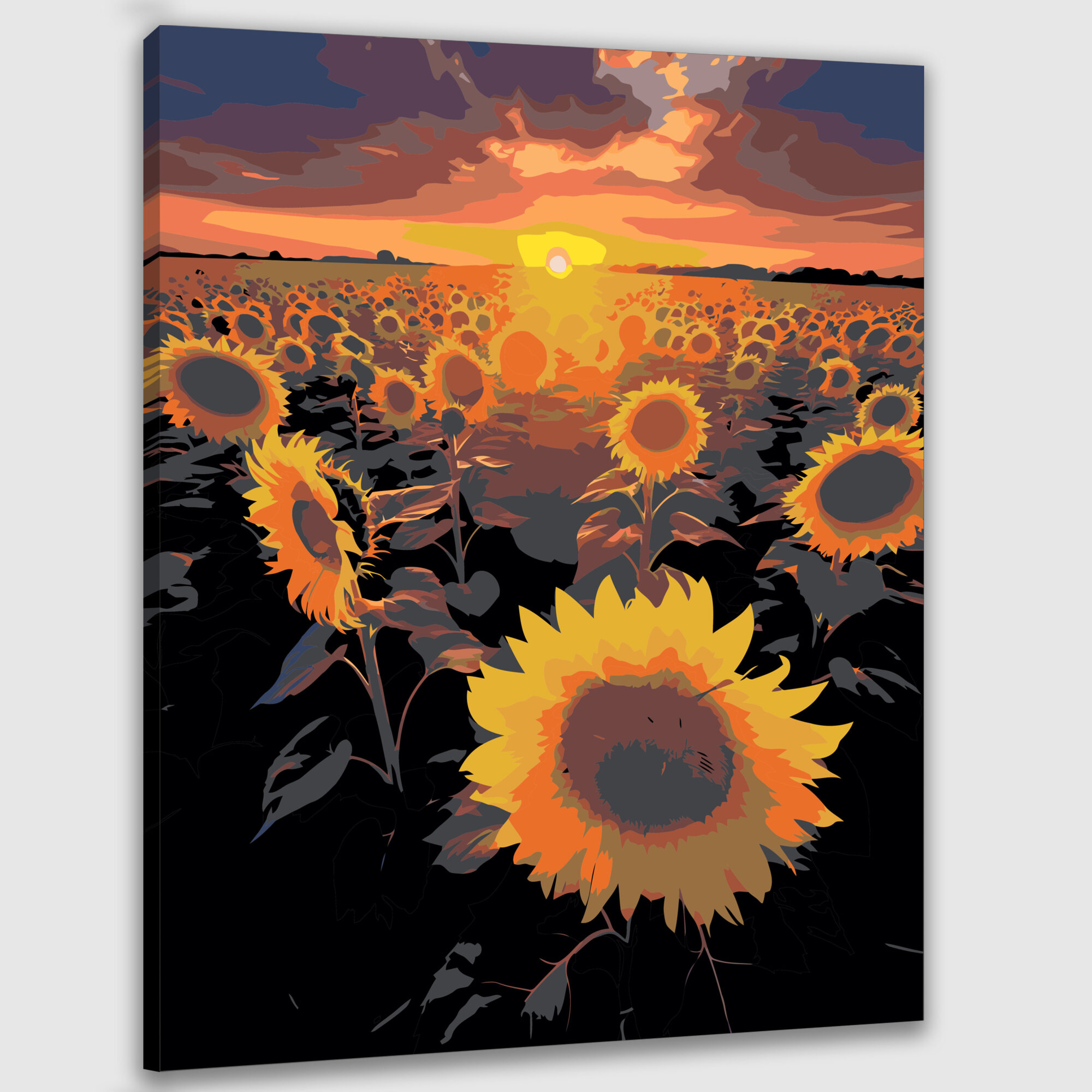 Картина по номерам 40x50 см, фотография, закат, поле, подсолнухи, желтые лепестки, золотистый свет, длинные тени, ряды