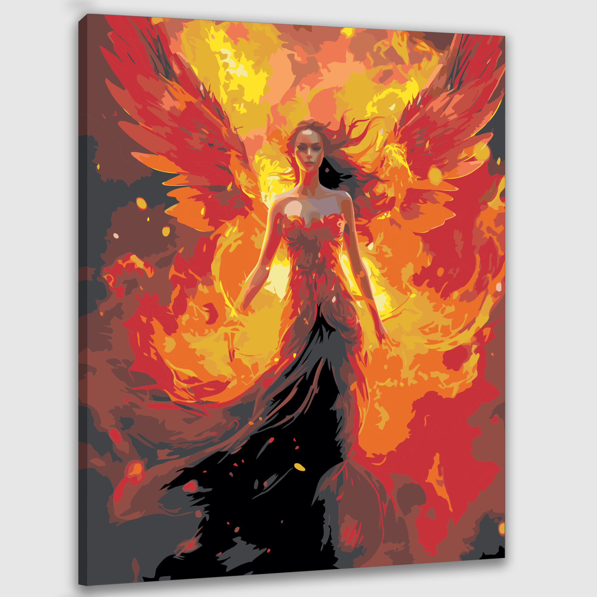 Картина по номерам 40x50 см, феникс, огонь, красный, перья, девушка, страсть, возрождение, пепел, дым, угли, яркий