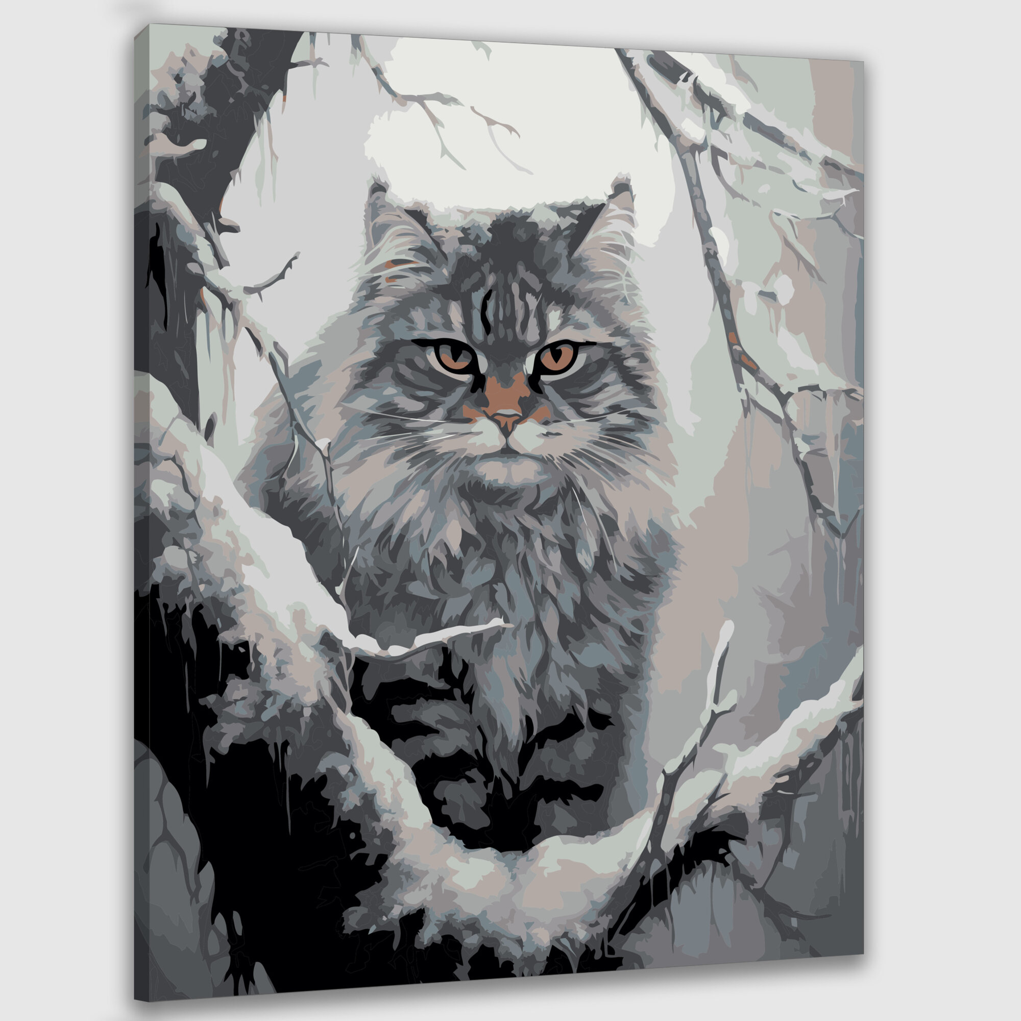 Картина по номерам 40x50 см, масляная картина, мистический манул, замаскированный, замерзший лес, контраст, теплые тони