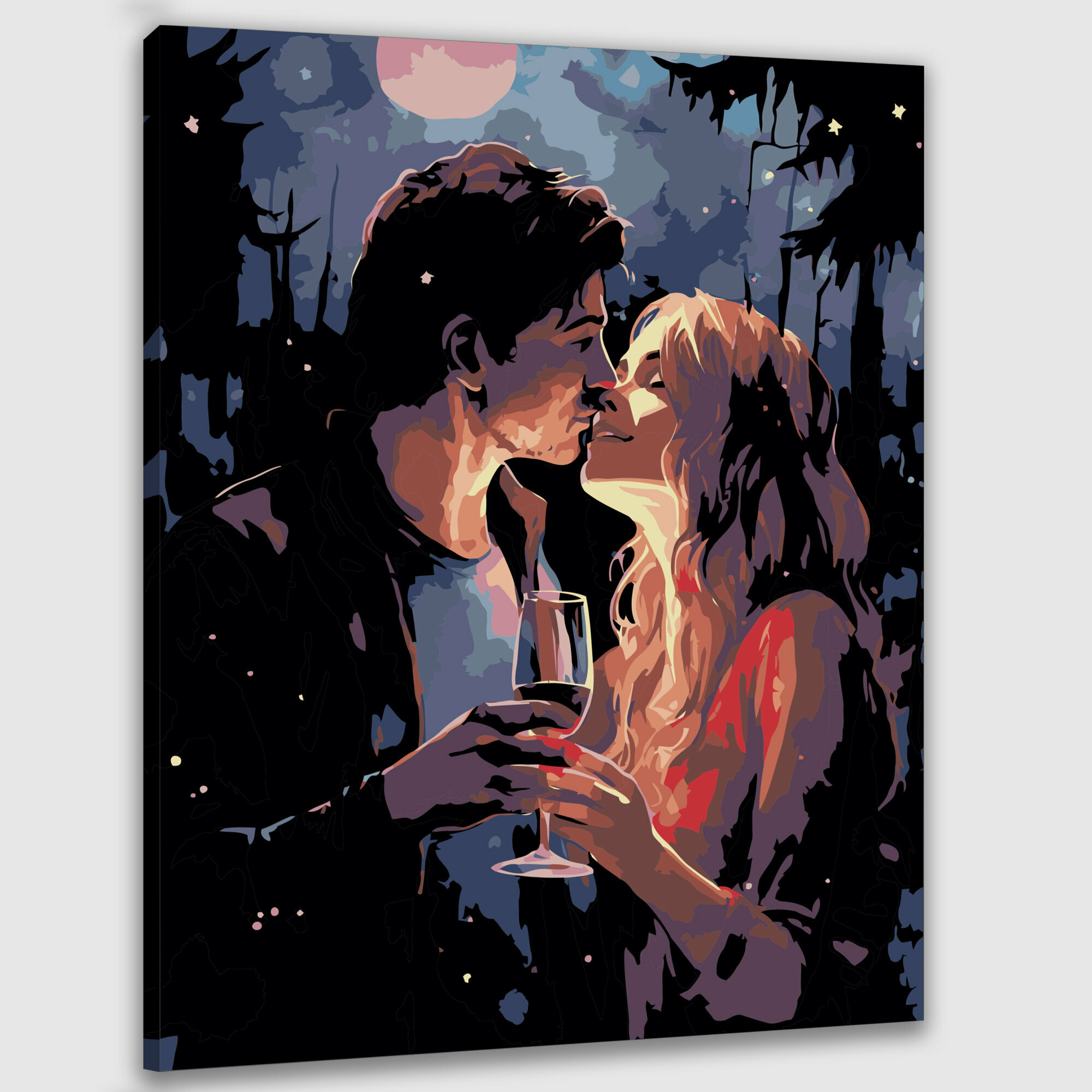 Картина по номерам 40x50 см, пара, целующаяся, звездное небо, бокалы, красное вино, яркие цвета, свободные мазки