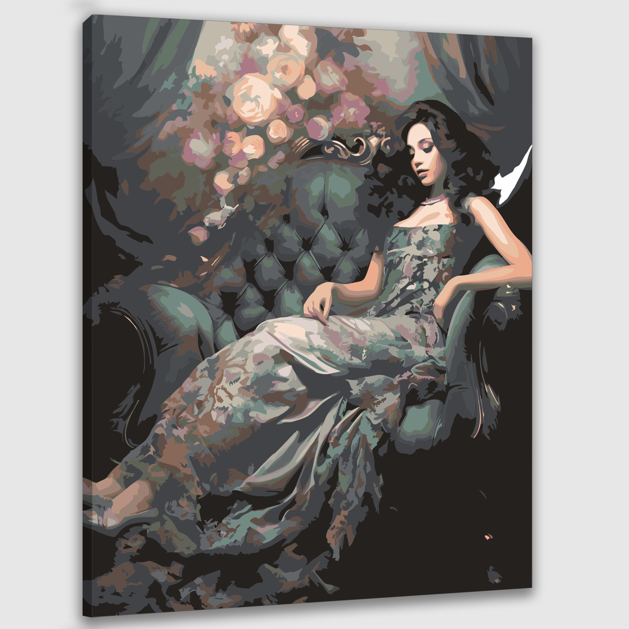 Картина по номерам 40x50 см, картина маслом, девушка, кружевное платье, винтажный стиль, шезлонг, будуар