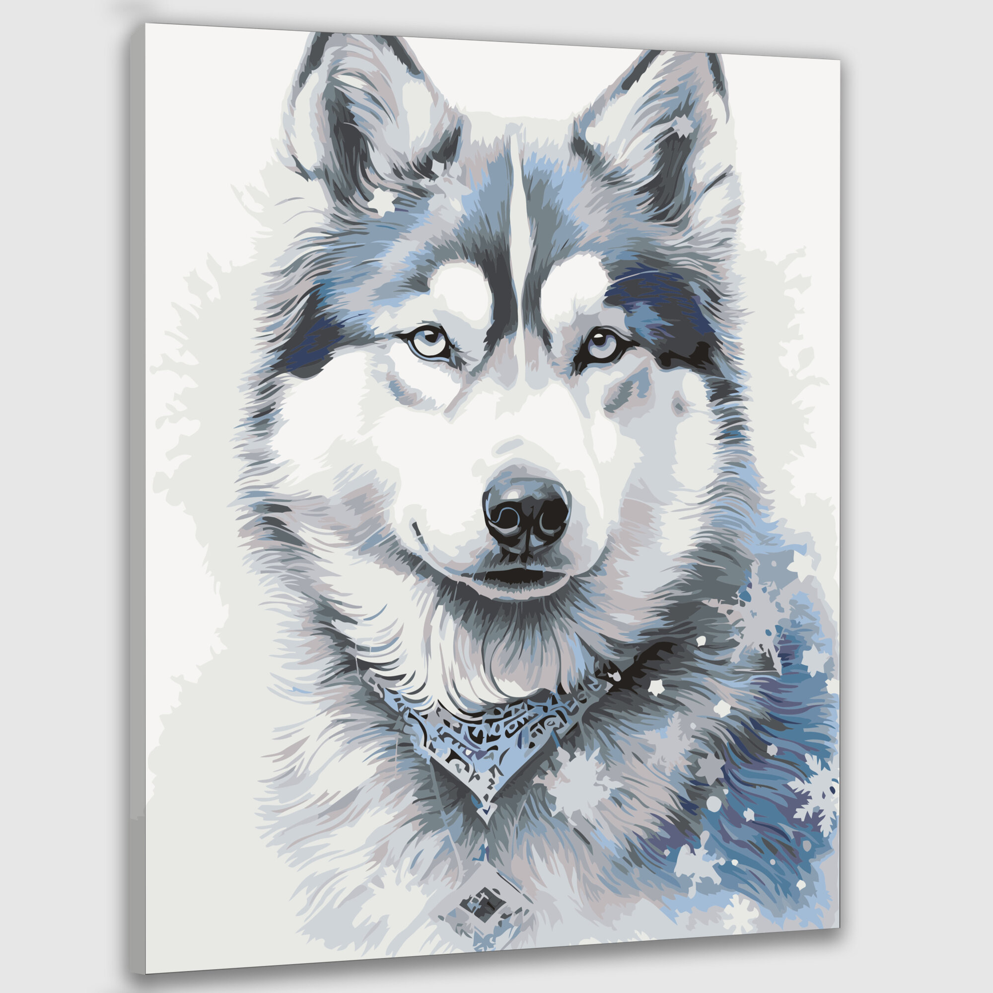 Картина по номерам 40x50 см, картина, графитовый рисунок, хаски, голубые глаза, выражение достоинства, узоры, снежинки