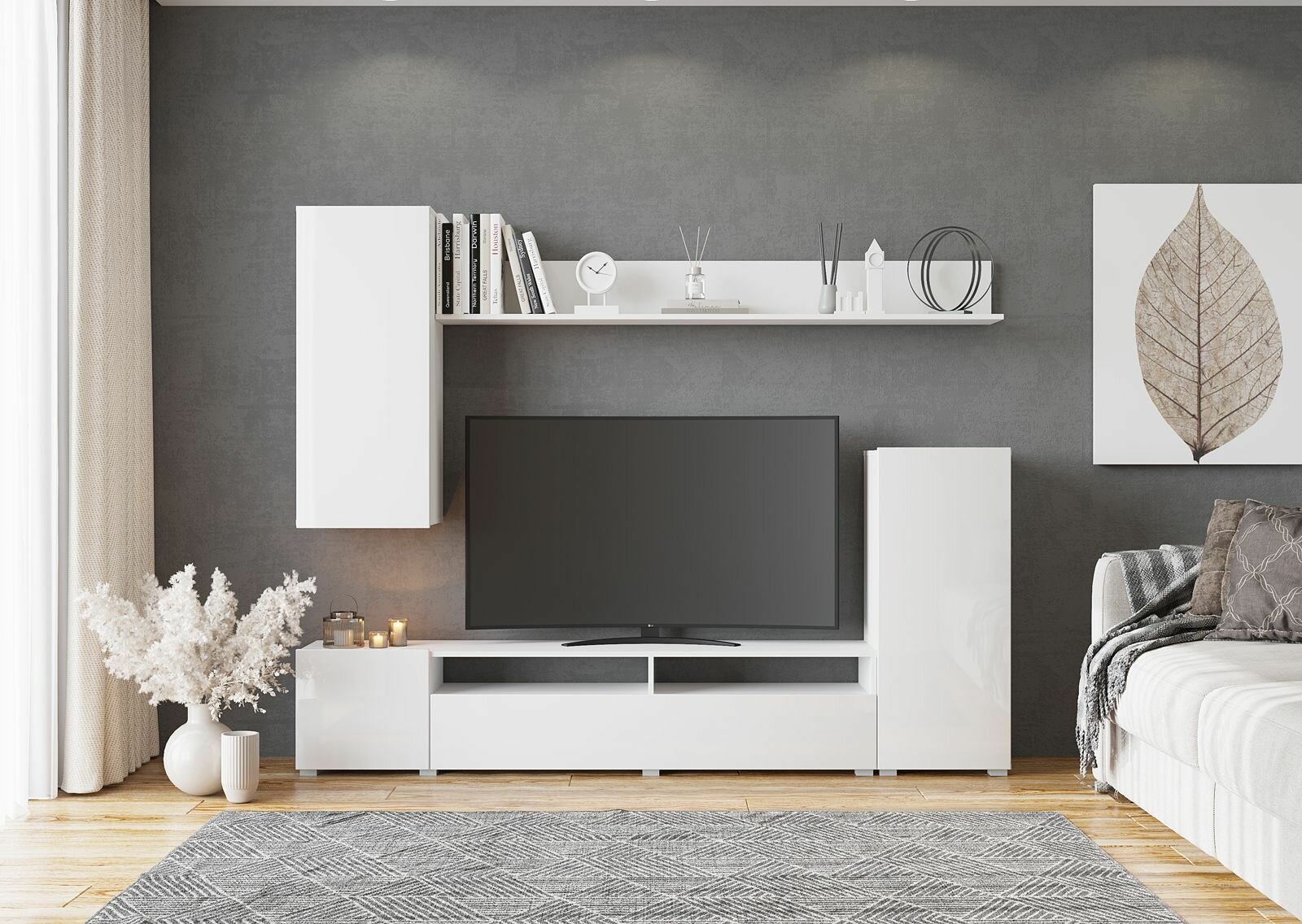 Гостиная Лира, цвет Белый/Белый глянец ширина 213 см ЛДСП с напольным и настенным шкафчиками с полкой и тумбой под ТВ