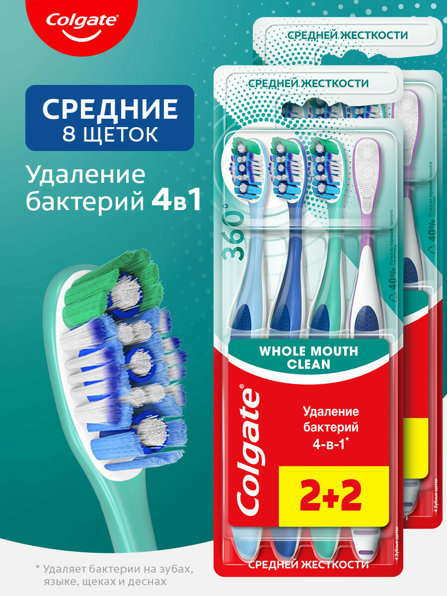 Зубная щетка COLGATE 360 суперчистота, средняя 2+2, (2 упаковки)
