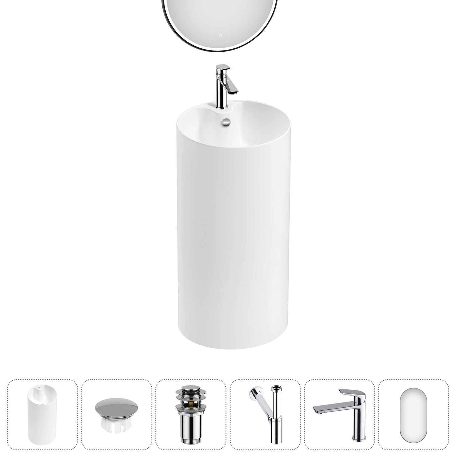 Круглая напольная раковина для ванной Wellsee Callipy Art 20218849R в наборе 6 в 1: отдельностоящая раковина моноблок в цвете белый глянец с заглушкой на переливзаглушка на перелив, донный клапан, сифон, смеситель, зеркало