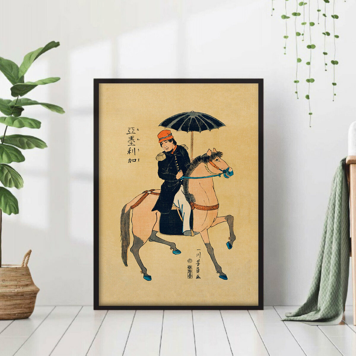 Постер "Всадник на лошади японская гравюра" в черной рамке 40x50 см для интерьера на стену