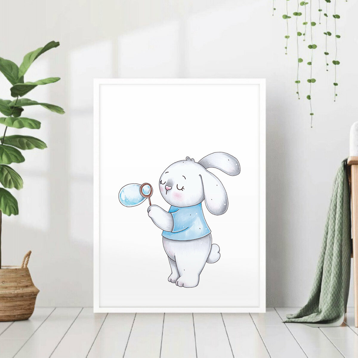 Постер "Зайчик с мыльными пузырями для детской" в белой рамке 40x50 см для интерьера на стену
