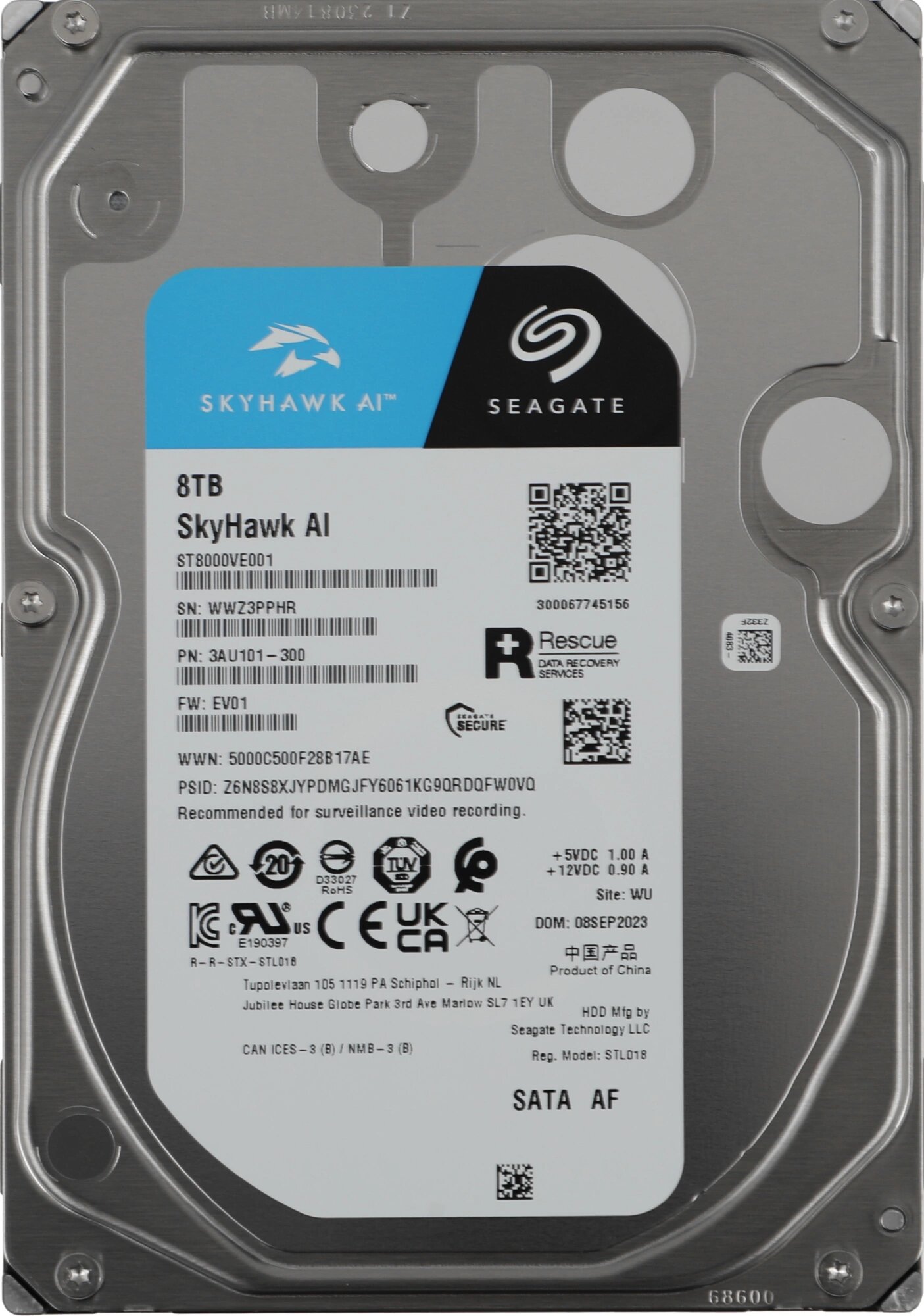 Жесткий диск Seagate ST8000VE001 SkyHawk AI 8TB, 3.5", 7200rpm, SATA3, 256MB, для видеоданных