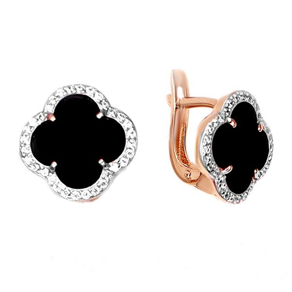 Серьги, красное золото, 585 проба, оникс, фианит