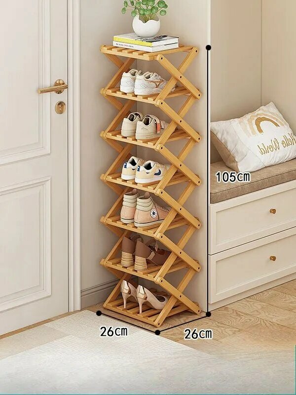 Обувница | бамбуковая, раскладная | открытая (без стенки) | 26x26x105 см | стиль минимализм | горчичный | для прихожей/дома | взрослые+дети