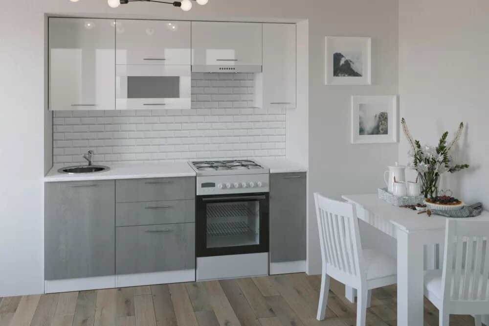 Кухонный гарнитур Герда Терция ультра 2000 мм, каркас ЛДСП, фасад ЛДСП; Стекло, Белый/Белый глянец/Бетон светлый