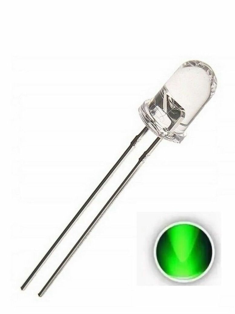 Светодиод 5мм, 20mA, прозрачный корпус, зеленое свечение (комплект 10 шт)