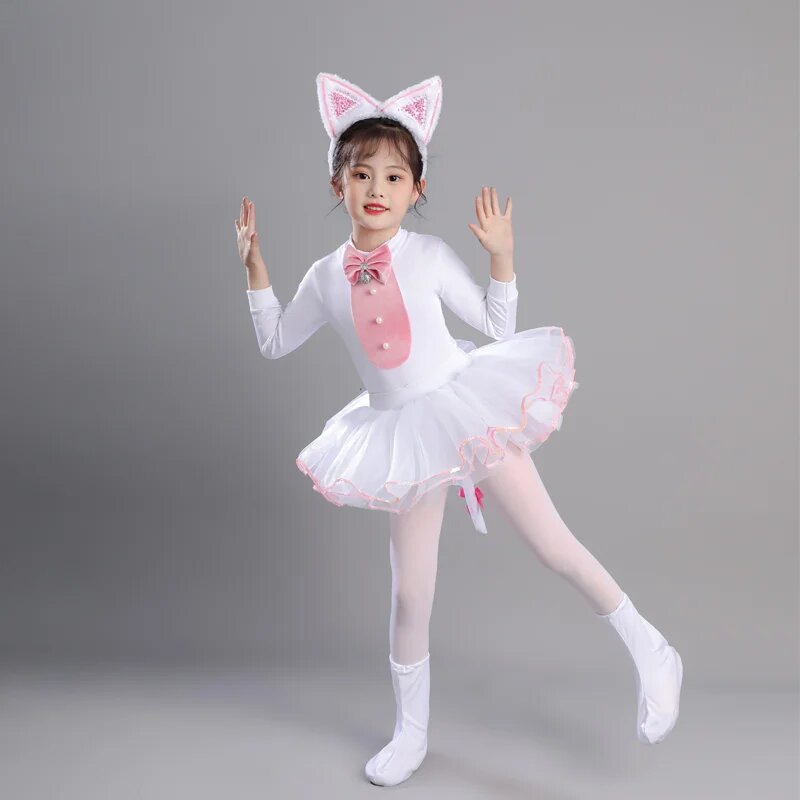 Костюм белого кота для девочки, полиэстер Розовый, S, 2