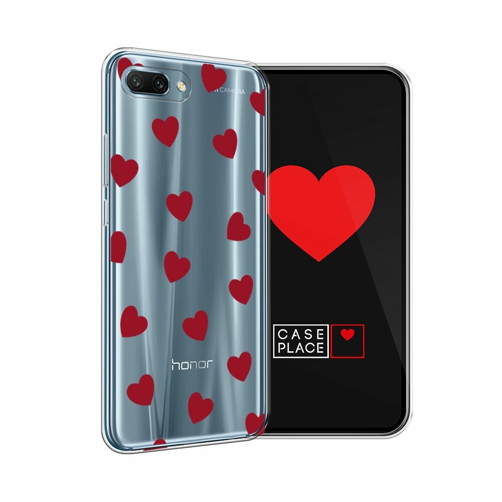 Чехол на Honor 10 / Хонор 10 с принтом "Бордовые сердечки паттерн - 14 февраля", прозрачный — фото 1