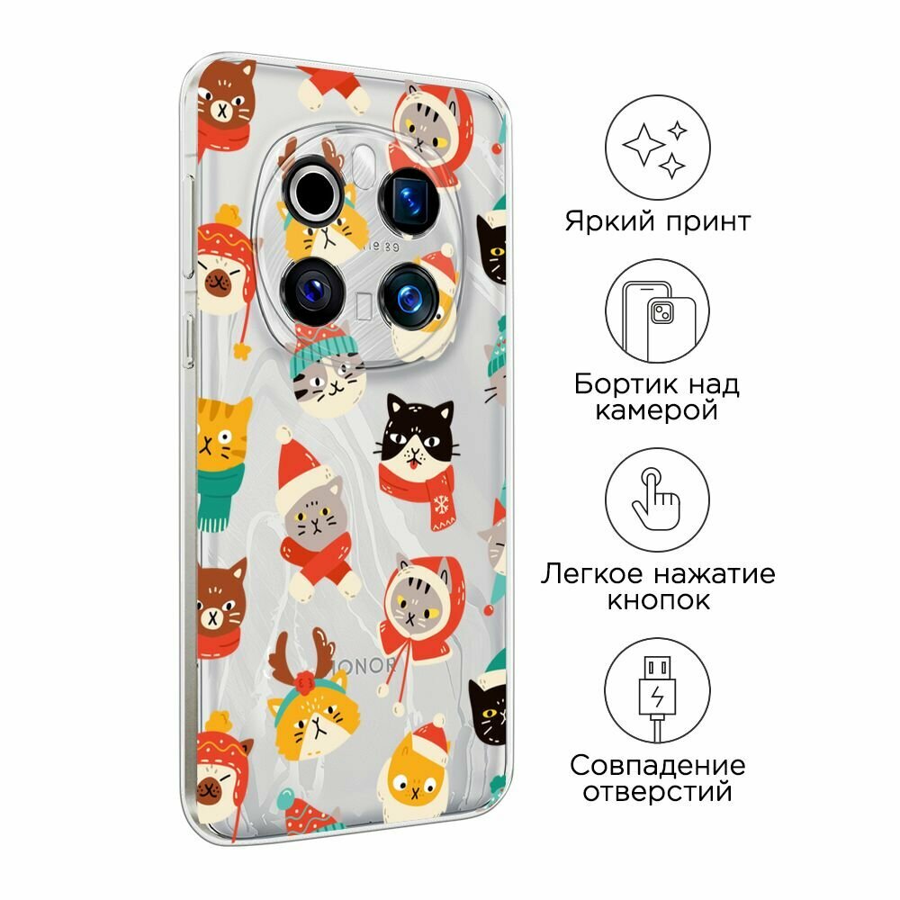 Чехол на Honor Magic 7 Pro / Хонор Мэджик 7 Про с принтом Праздничные котики, прозрачный — фото 1
