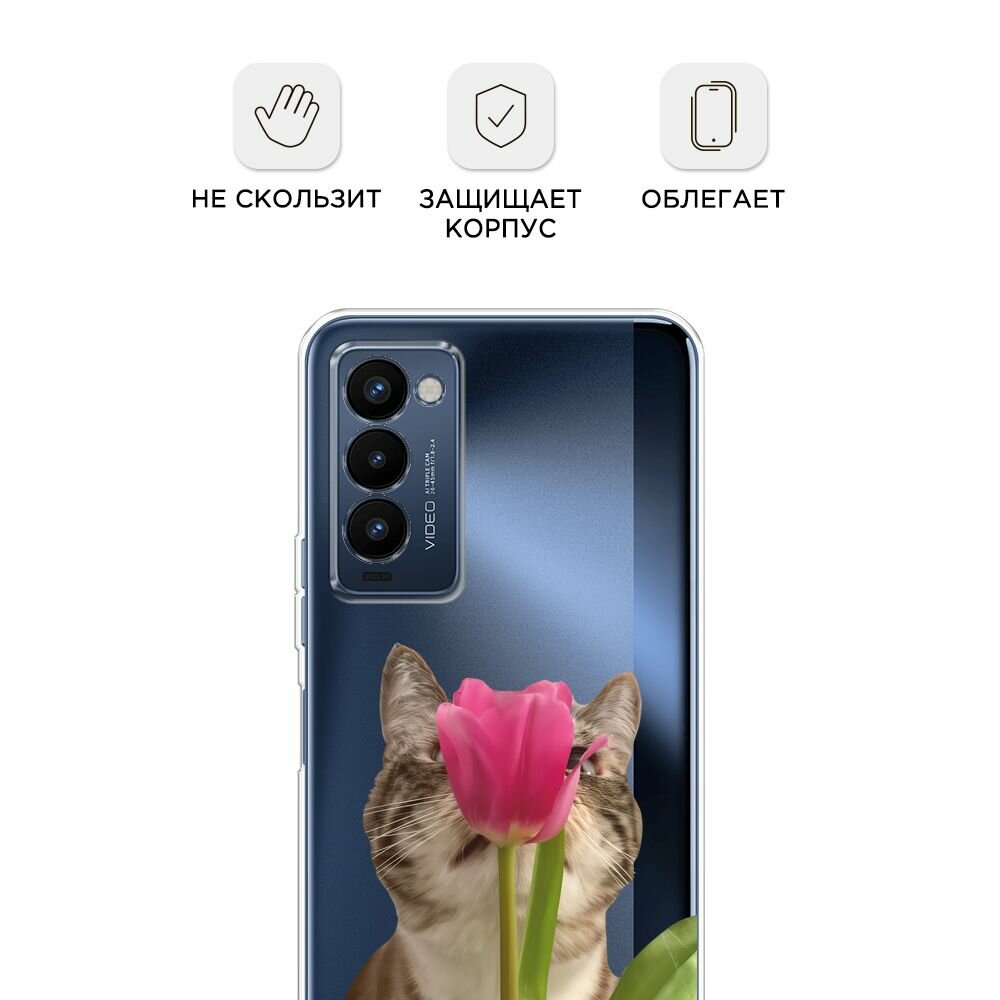 Чехол на Tecno Camon 18P / Техно Камон 18Р с принтом "Кот с тюльпаном - 8 марта", прозрачный — фото 1