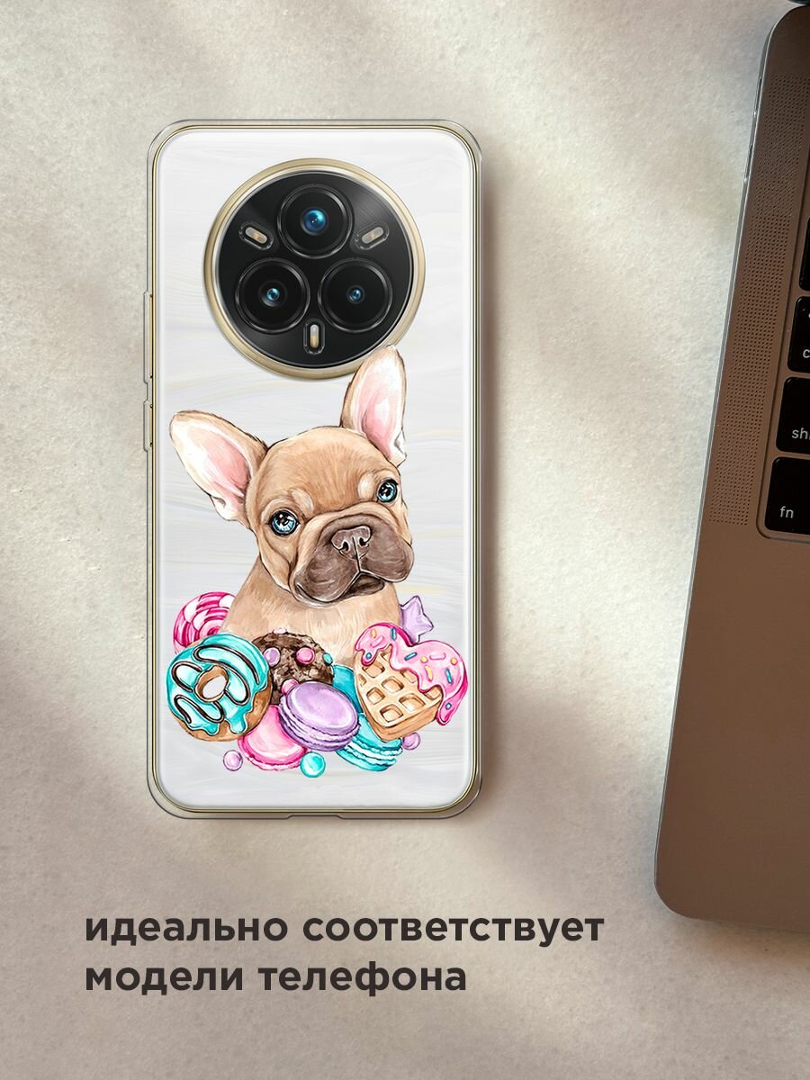 Чехол на Realme 14 Pro+ / Реалми 14 Про+ с принтом "Бульдог и сладости", прозрачный — фото 1