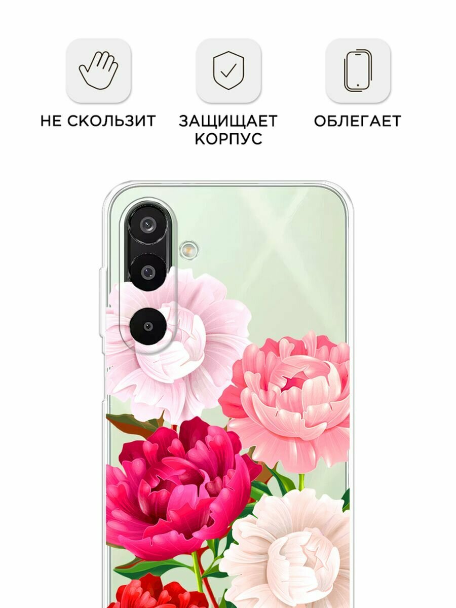Чехол на Samsung Galaxy M16 / Самсунг Галакси М16 с принтом "Большие пионы", прозрачный — фото 1