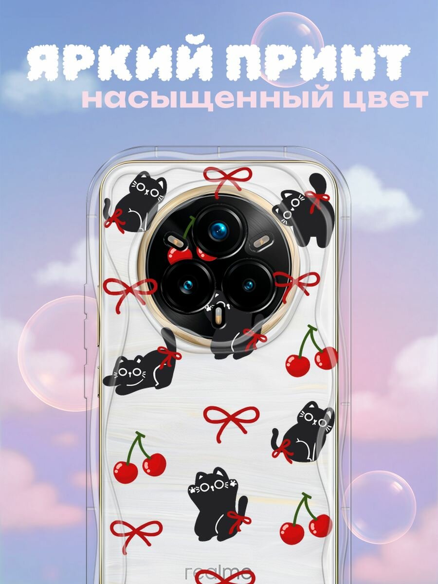Чехол на Realme 14 Pro Plus / Реалми 14 pro plus с принтом "Котик, вишня и бантики" — фото 1