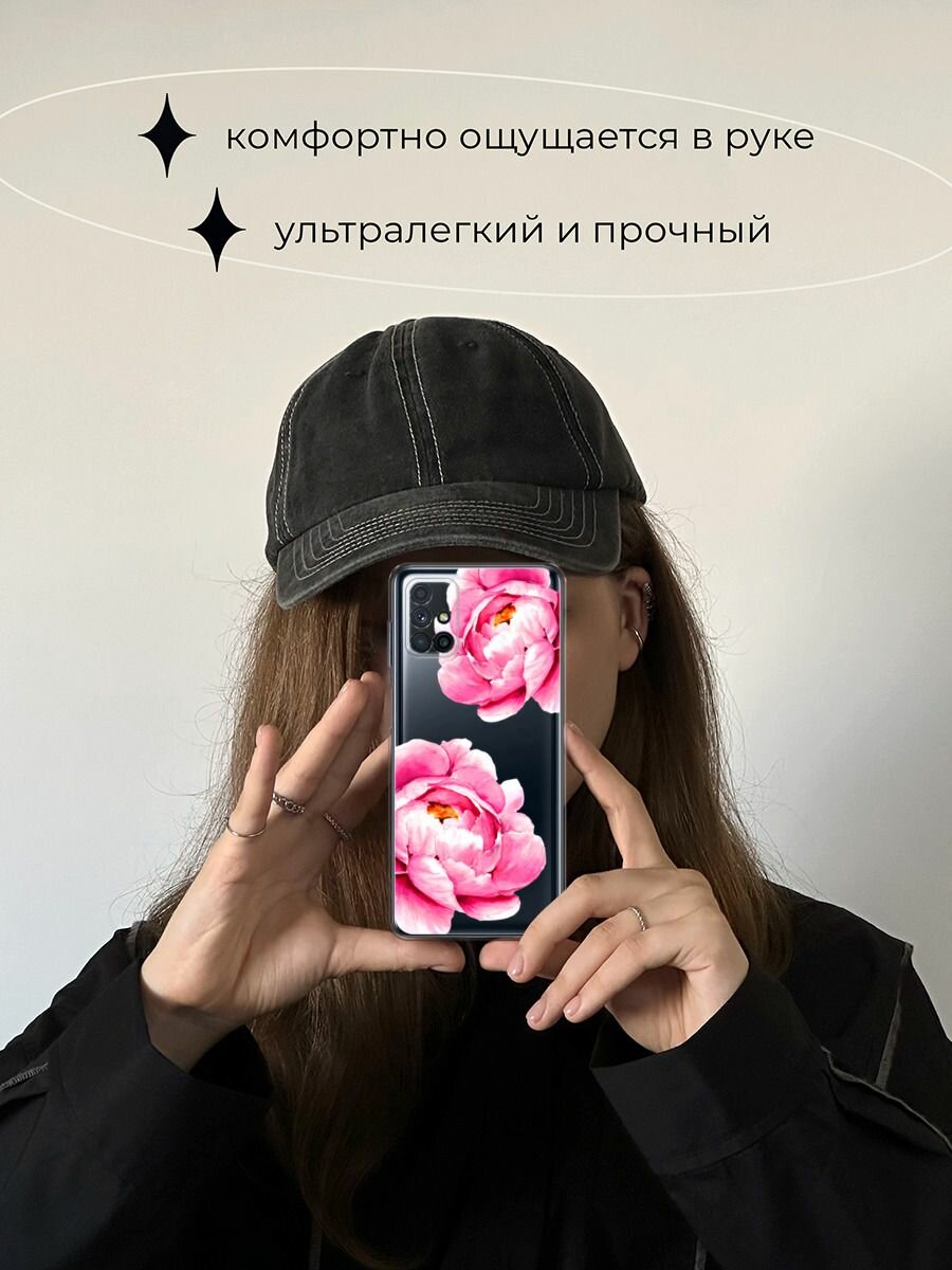 Чехол на Samsung Galaxy M31s / Самсунг Галакси M31s с принтом "Open peonies", прозрачный — фото 1