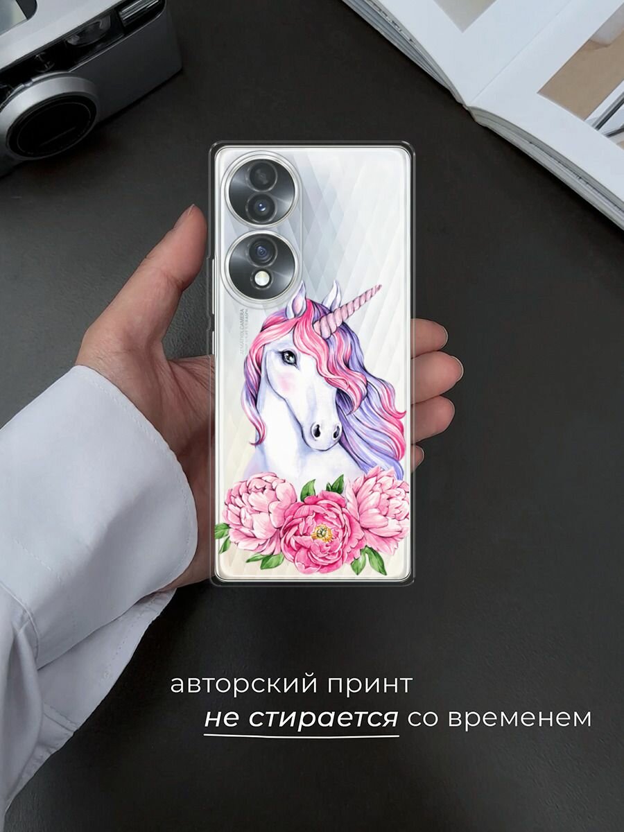 Чехол на Honor 70 / Хонор 70 с принтом "Единорог с пионами", прозрачный — фото 1