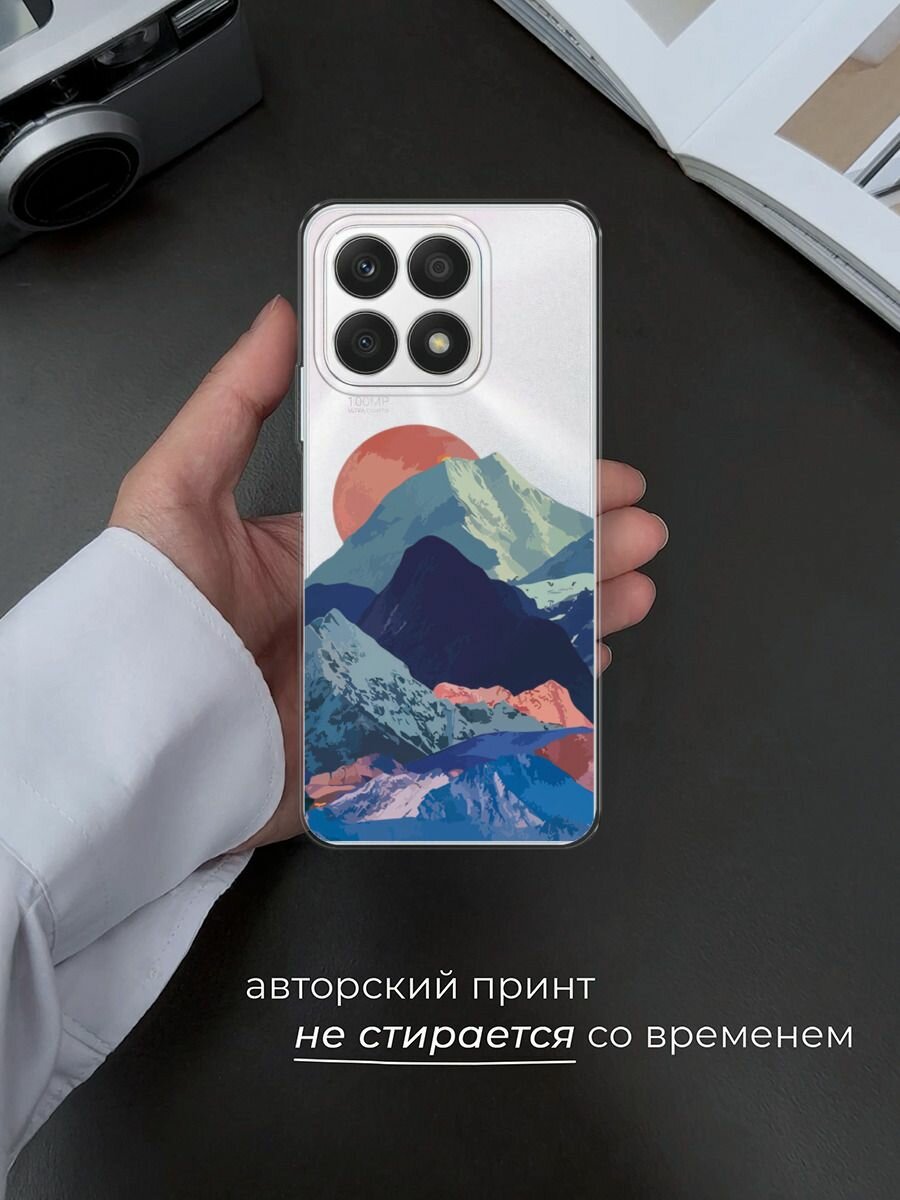 Чехол на Honor X8A / Хонор X8A с принтом "Закат в снежных горах", прозрачный — фото 1
