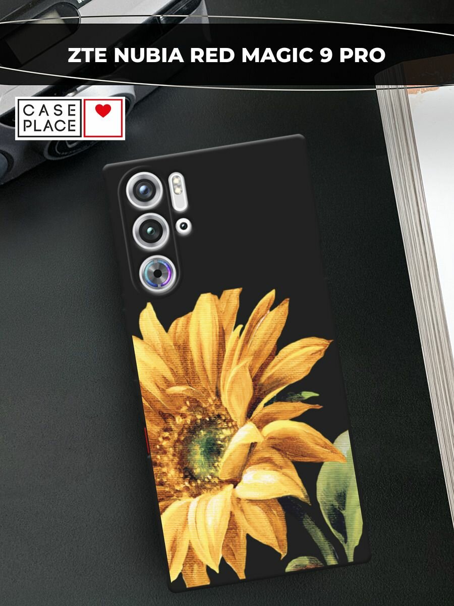 Черный матовый чехол на ZTE Nubia Red Magic 9 Pro / Нубиа Ред Меджик 9 Про с принтом "Желтая хризантема"