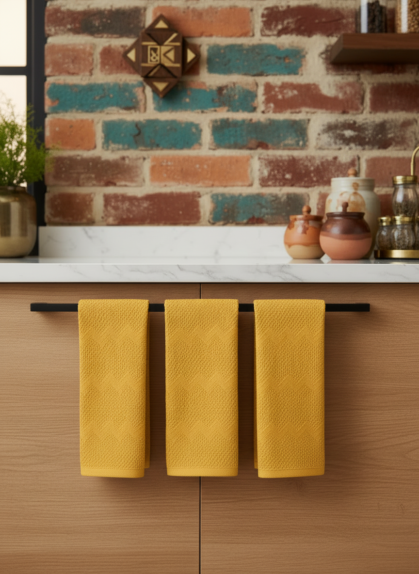 Набор кухонных полотенец 3 шт 30х50 см, хлопковые полотенца для кухни комплект горчичный