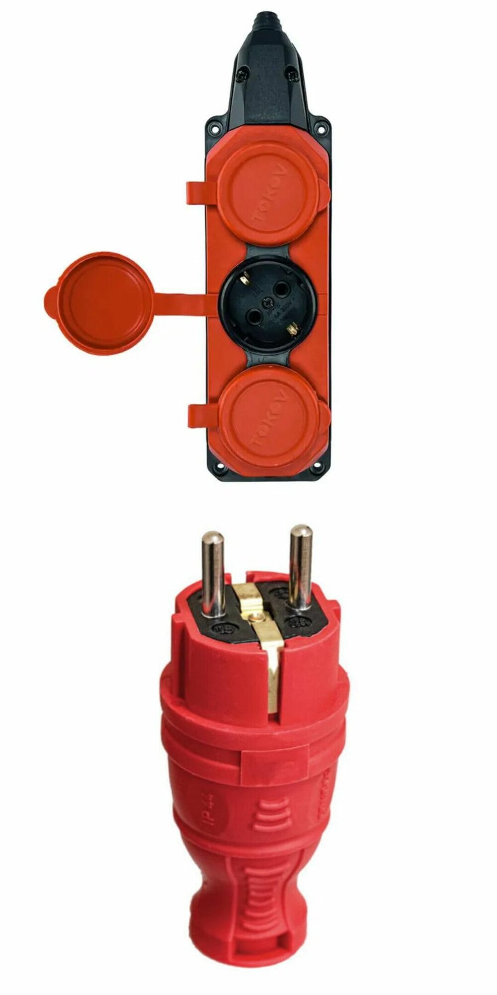 Комплект Колодка 3-м с крышкой+Вилка прямая 16А IP44 с заземлением каучуковая, цвет красный