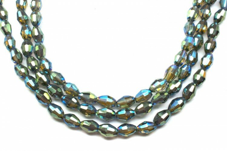 Бусина стеклянная граненая овальная 6х4мм, цвет голубой, гальваническое покрытие, 547-015, 10шт