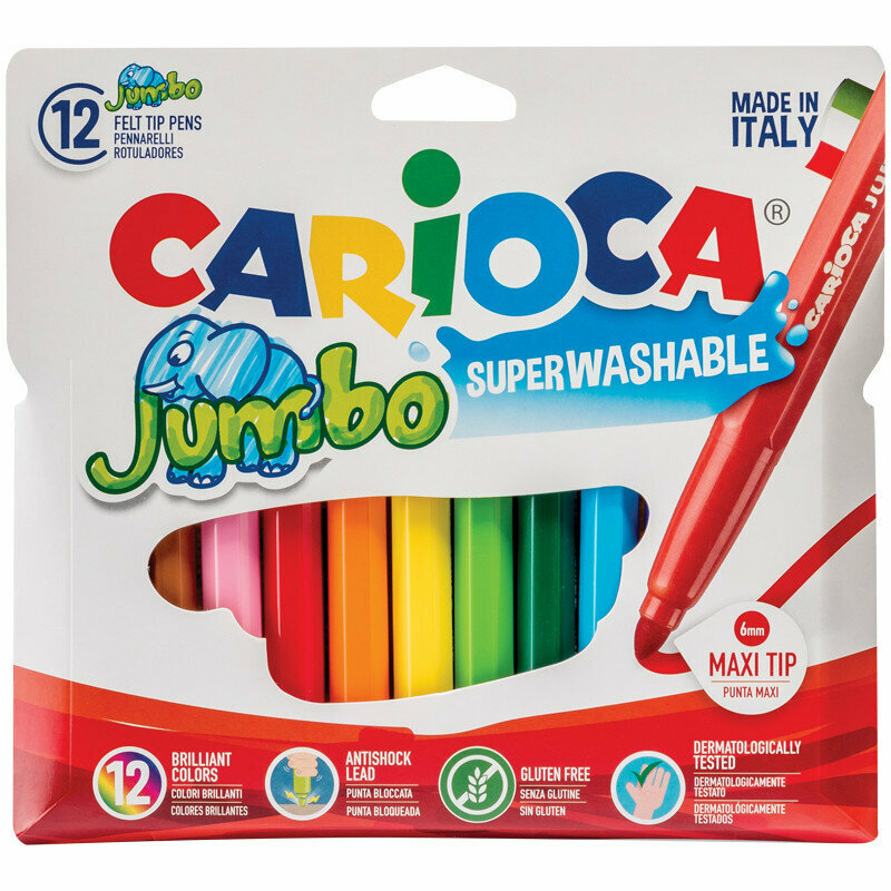 Фломастеры Carioca "Jumbo", 12цв, утолщенные, смываемые, картон, европодвес, 083923