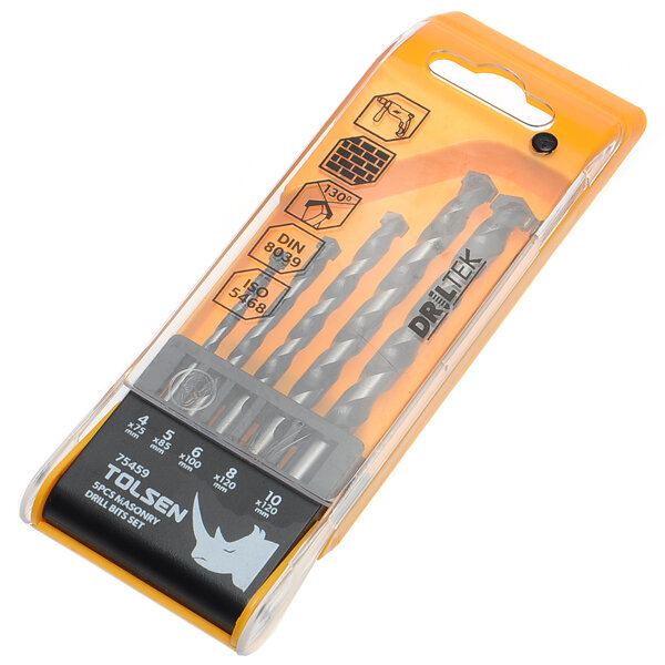 Набор сверл по бетону 4х75/5х85/6х100/8х120/10х120мм Tolsen 75459 (2 шт. в комплекте)