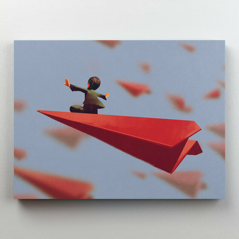 Интерьерная картина на холсте "Мальчик летящий на красном бумажном самолетике" размер 40x30 см