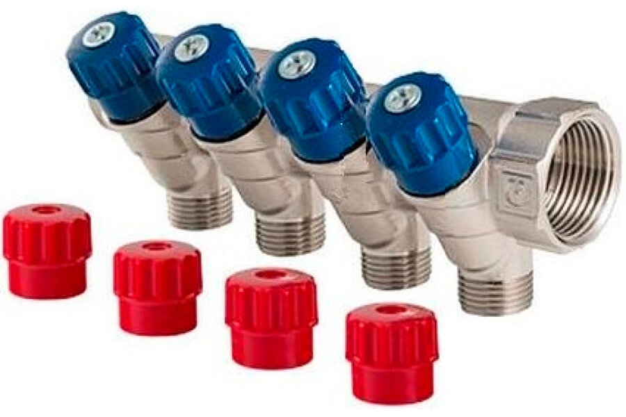 Коллектор VALTEC 1" на 4 подв. с вентилями евроконус 3/4" никель VTc.560. NE.060504