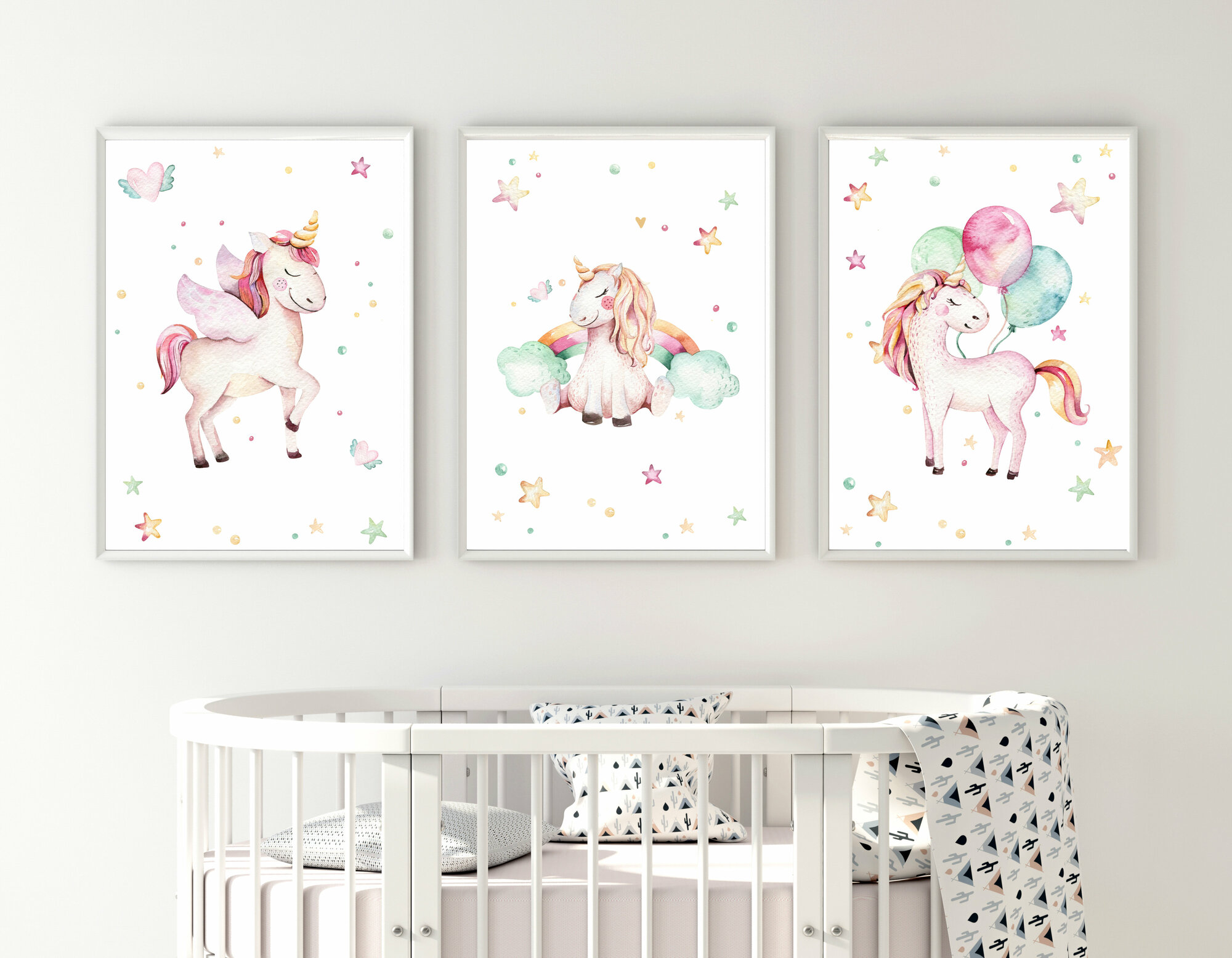 Интерьерный постер в детскую комнату набор 3 шт в акварельной технике "Единороги-милашки"
