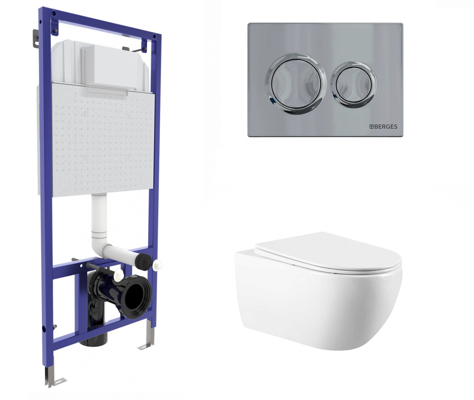 Комплект 3 в 1 инсталляция Berges Novum O3 + Унитаз подвесной Vincea Evo VT1-34 с кнопкой глянцевой хром