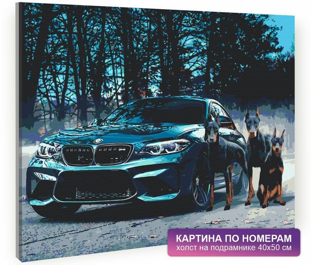 Картина по номерам на холсте с подрамником 40х50 см. Природа, животные, рыбы, птицы. Собаки, щенки. "Доберманы и BMW ", арт. 4148/