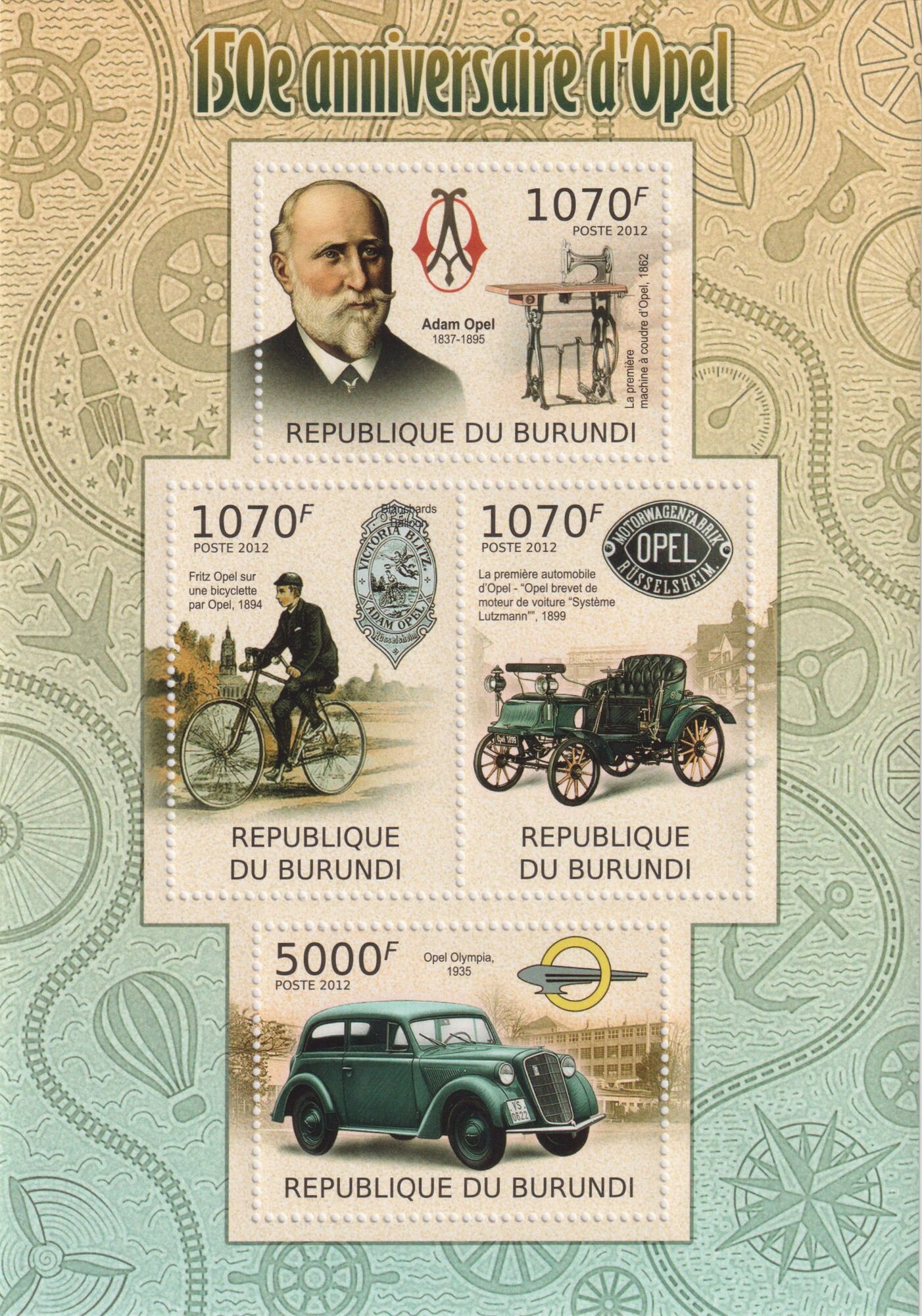 Почтовые марки Бурунди 2012г. "Адам Опель - 150 лет автомобилям Opel" Автомобили, Инженеры MNH